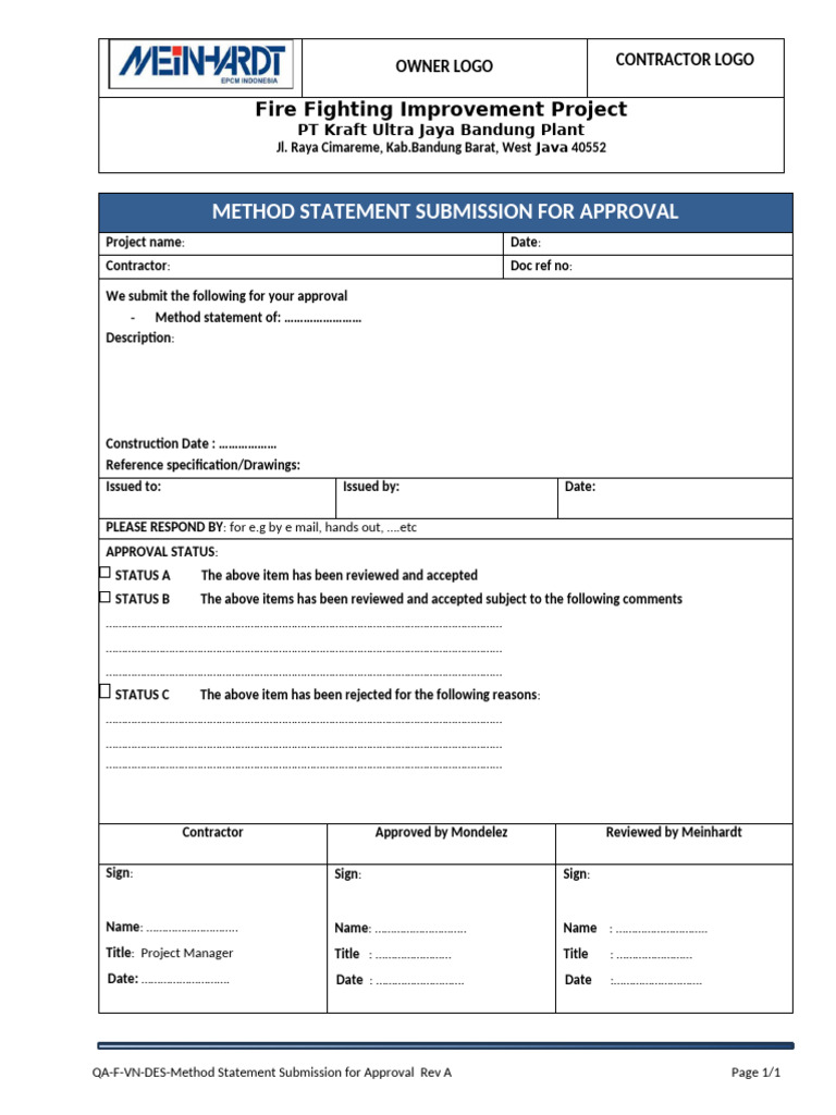 QA-F-VN-DeS-Method Statement Submission For Approval Rev A | PDF