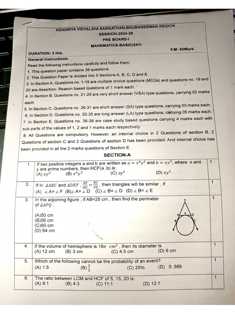 Maths Basic Pre Board 1 BBSR Region | PDF