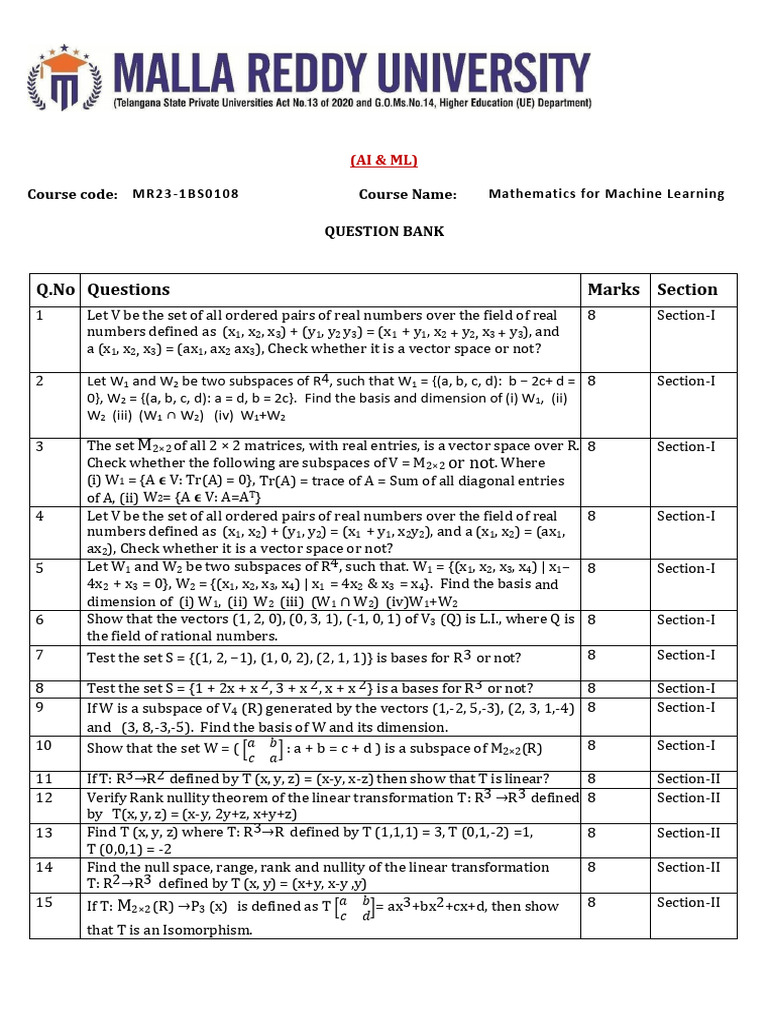 MML Question Bank-AIML-3rd Year 2025 | PDF | Linear Map | Principal ...