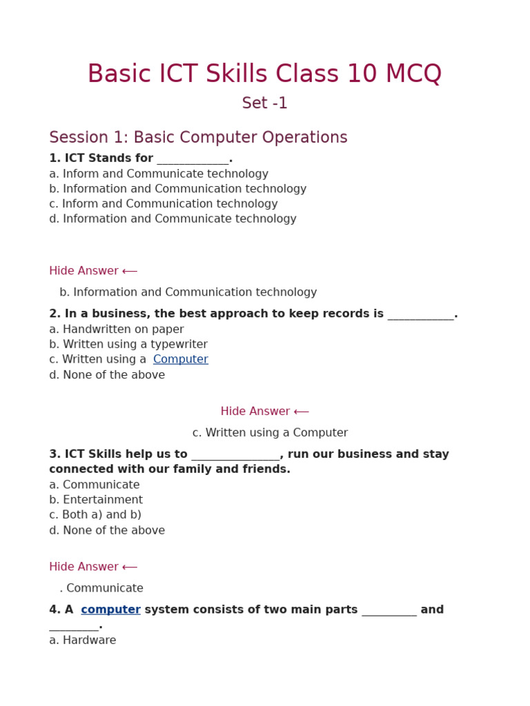 Basic ICT Skills Class 10 MCQ - SET1 | PDF | Computer Virus | Tablet Computer