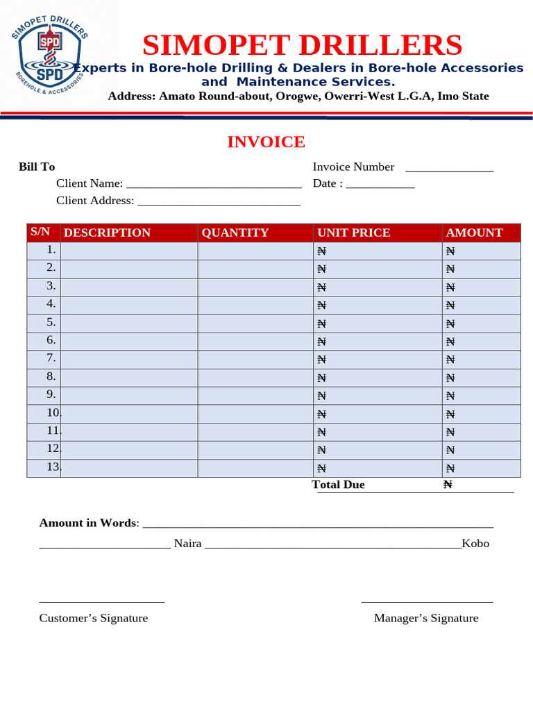 Bore-hole Drilling Invoice Template | PDF