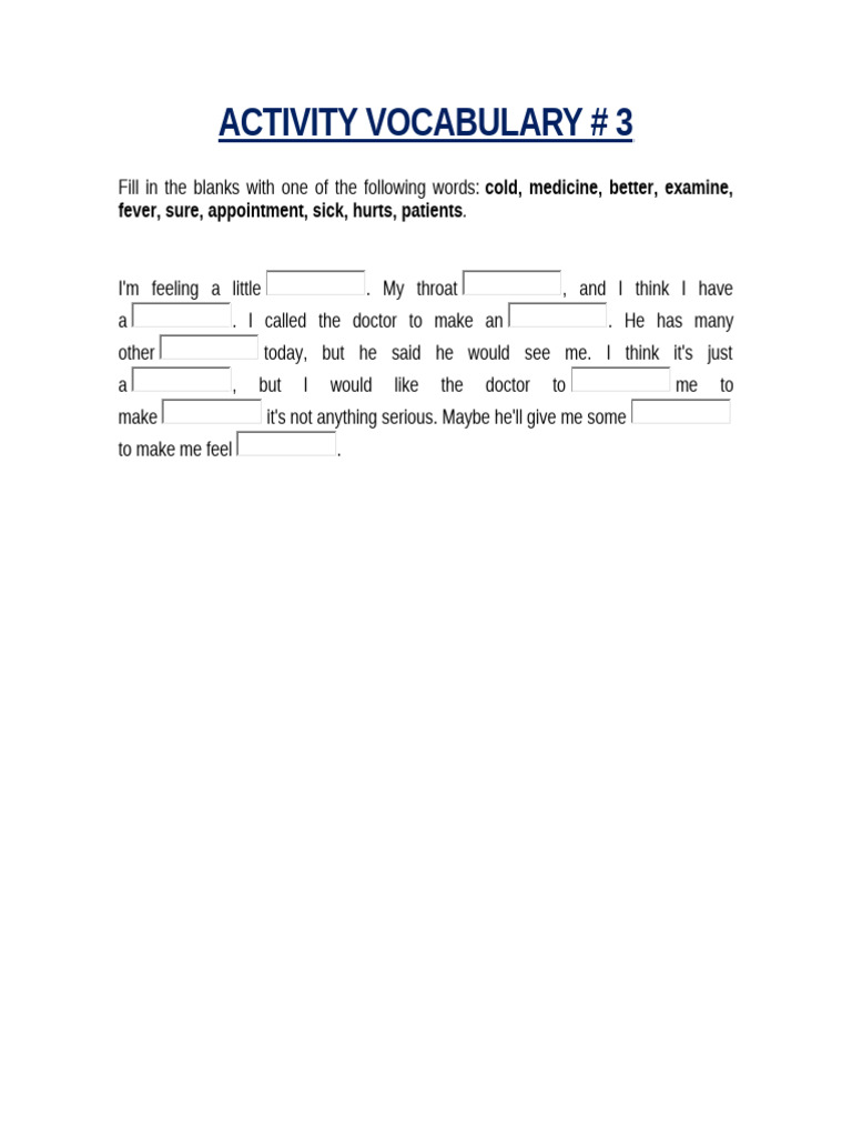 Health Vocabulary Fill-in Exercise | PDF