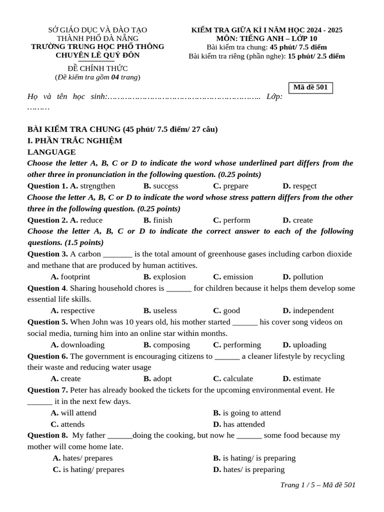 De Kt Giua Ki I_nh 24-25-Mã Đề 501 | PDF | Natural Environment