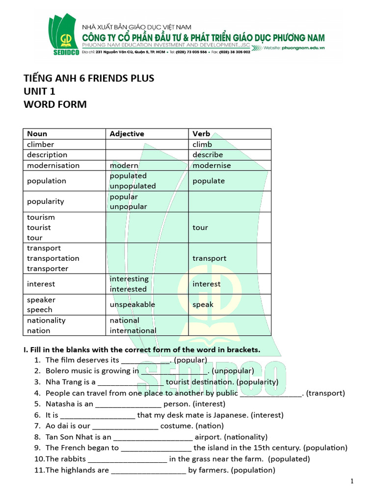 Tiếng Anh 6 Friends Plus_Word Form_Unit_1 | PDF | Linguistic Morphology ...
