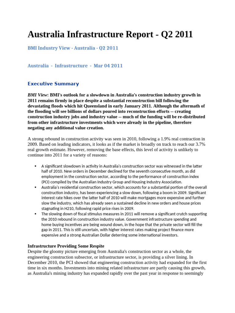 Australia Infrastructure Report - Q2 2011 | PDF | Infrastructure ...