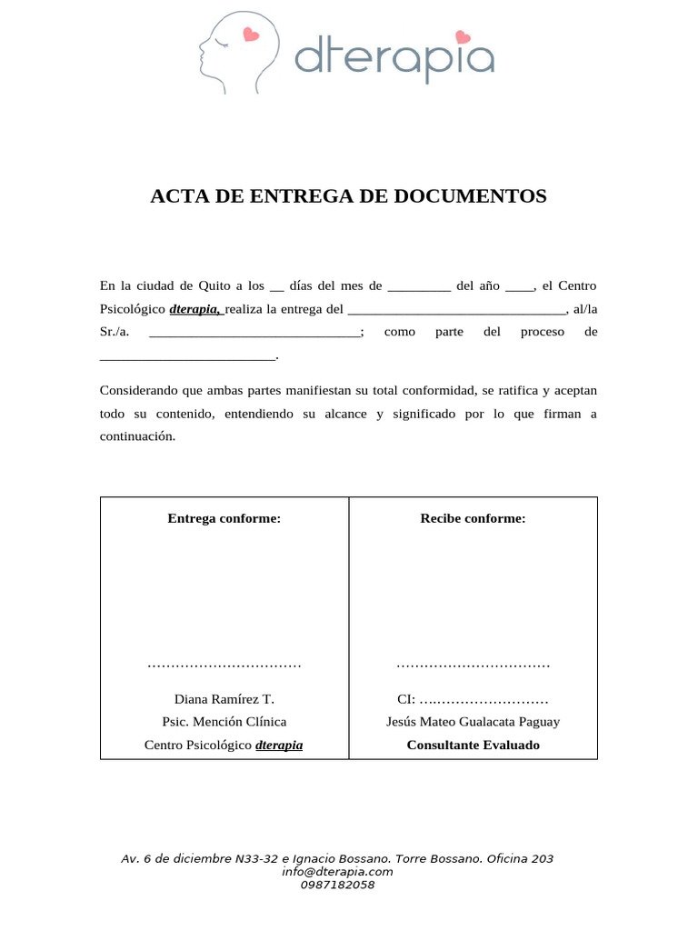 Acta de Entrega de Documentos Psicológicos | PDF