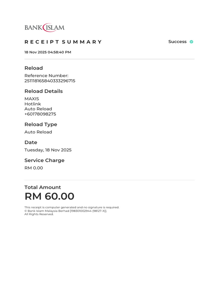 Maxis Hotlink Auto Reload Receipt | PDF