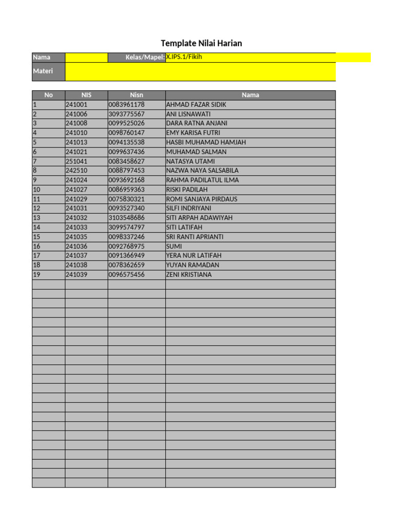 Template Nilai Harian X.ips.1 Fikih | PDF
