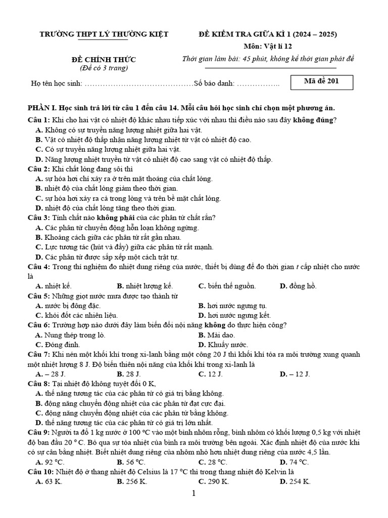Vat Ly 12 Ctst Giua Hk 1 Thpt Vat Ly Thuong Kiet Tay Ninh Thai Thi Mong Thu | PDF