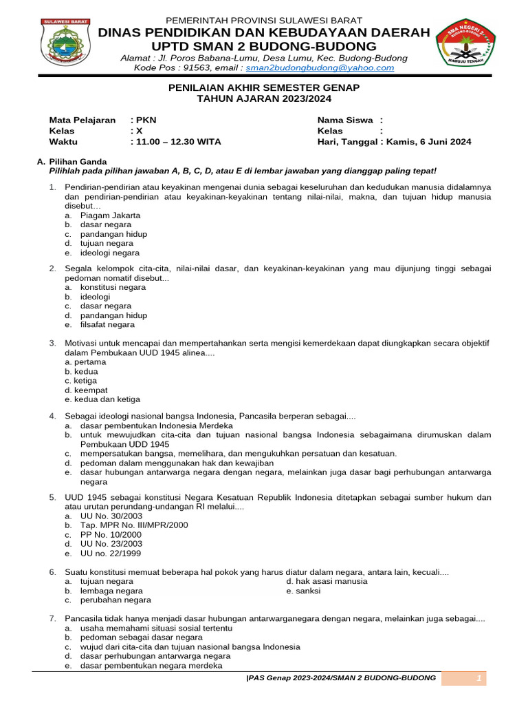 Us2324 Genap - X PKN Sdah | PDF