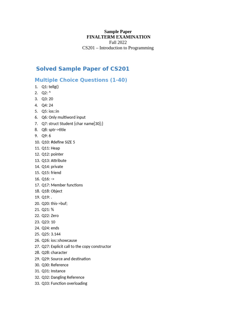 Sample Paper of CS201 | PDF | C++ | Method (Computer Programming)