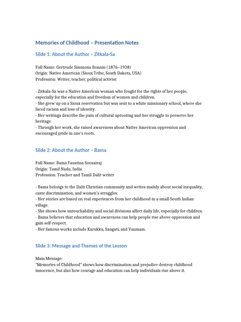 Memories of Childhood Presentation | PDF