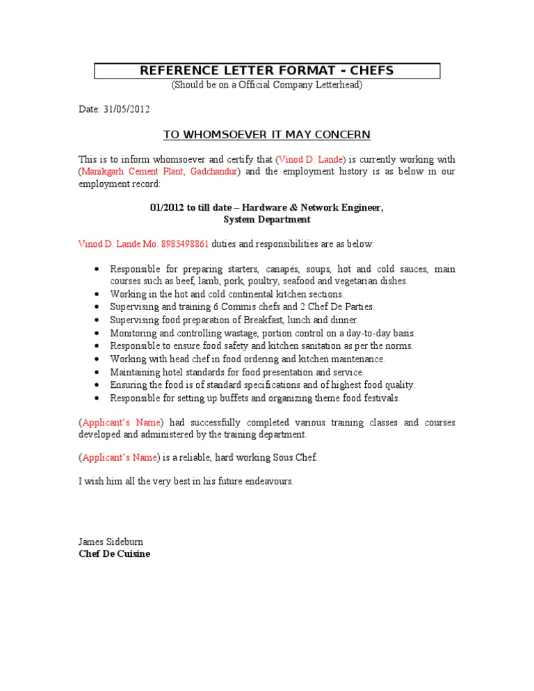 5 Reference Letter Format - Chefs | PDF | Chef | Home Economics