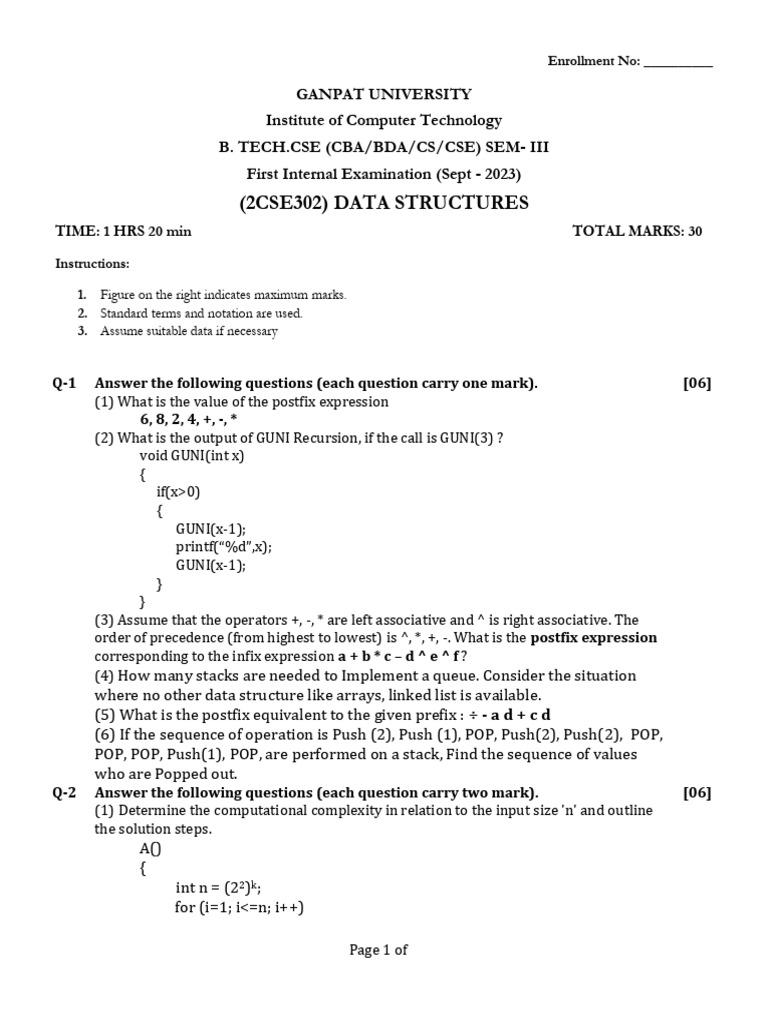 DS - FIRST - Internal - Question - Paper Format - GATE | PDF | Computer ...