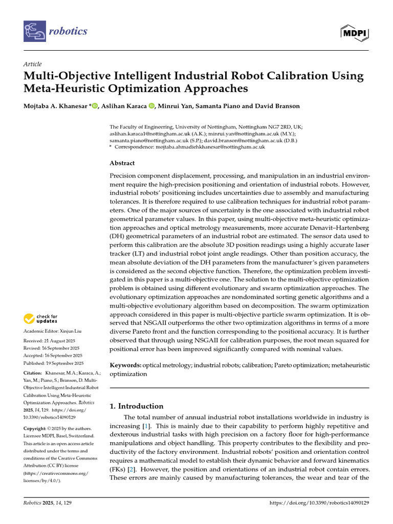 Robotics 14 00129 v2 | PDF | Mathematical Optimization | Genetic Algorithm
