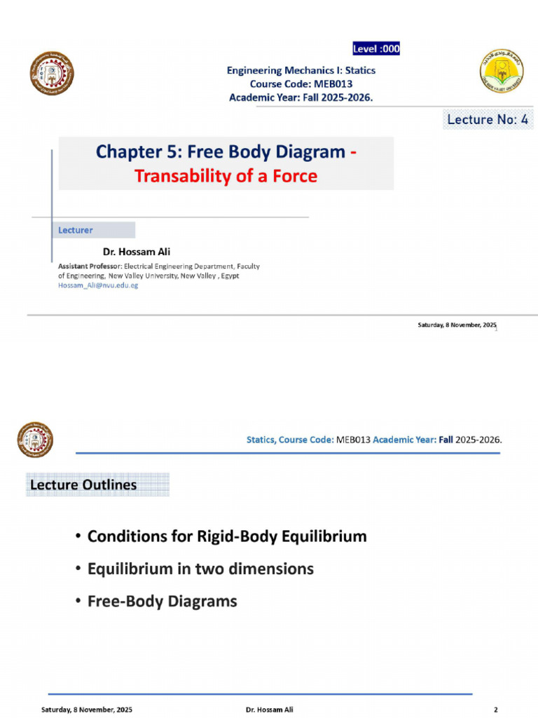 5th Lect. Ch5 Free Body Diagram - Transability of a Force | PDF
