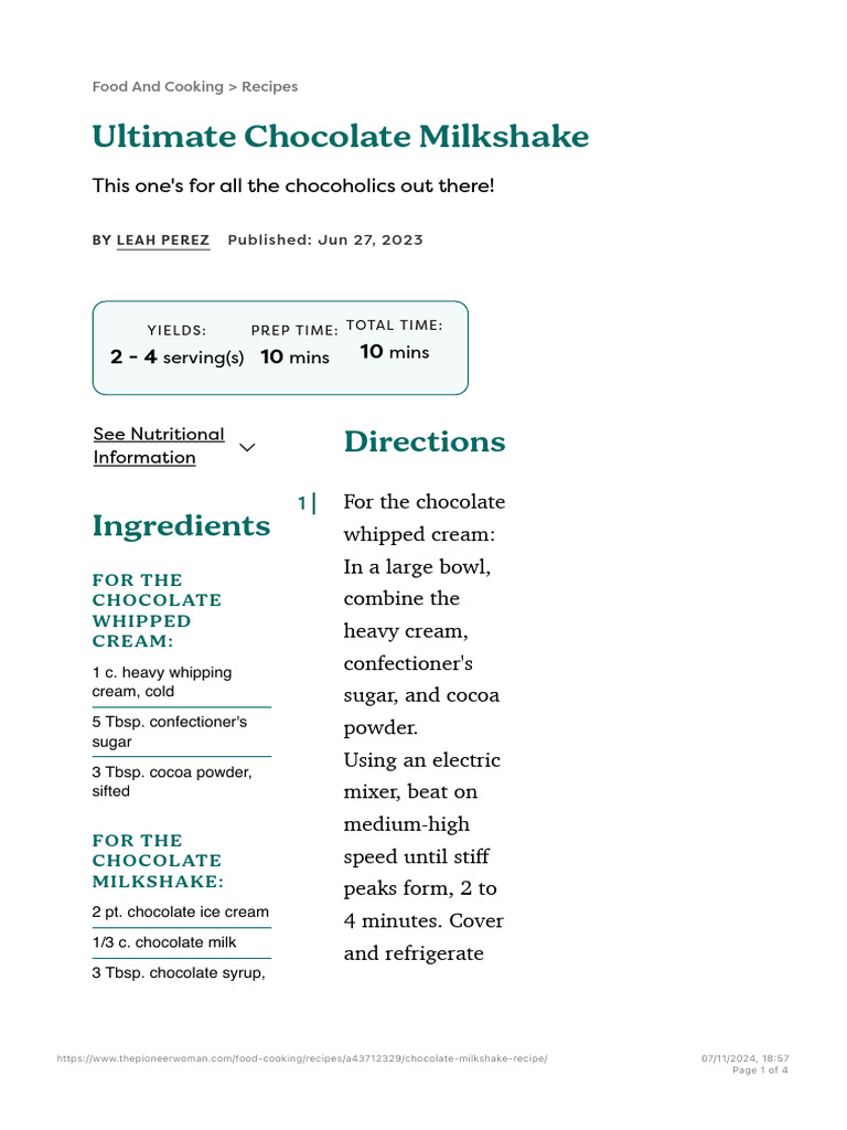 Chocolate Milkshake Recipe - How To Make A Chocolate Milkshake | PDF ...