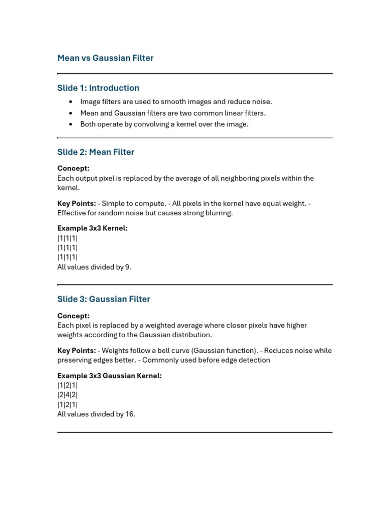 Mean vs Gaussian Image Filters Explained | PDF
