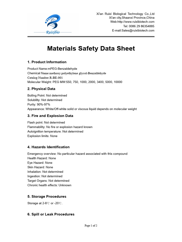Materials Safety Data Sheet: 1. Product Information | PDF