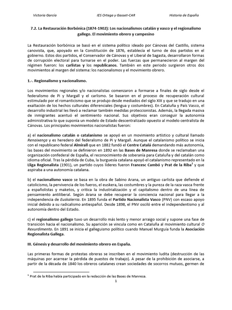 7.2. La Restauración. Los Nacionalismos Catalán y Vasco y El Regionalismo Gallego | PDF ...