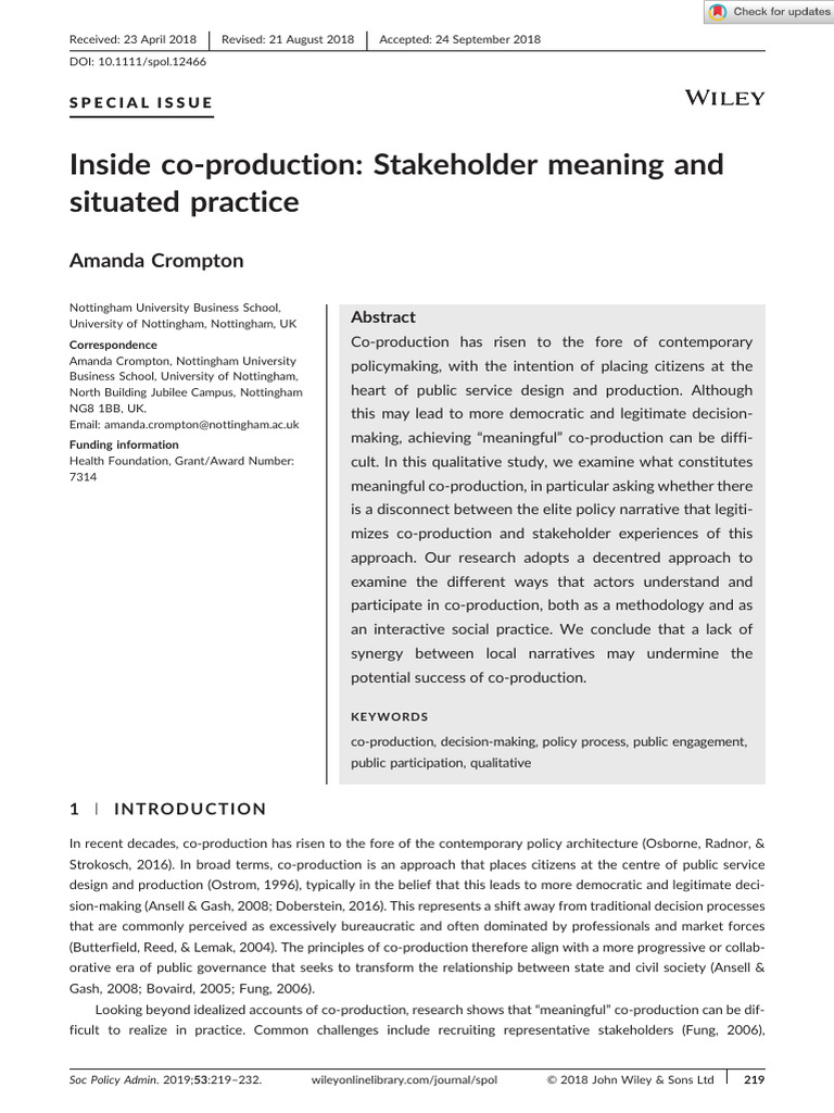 Soc Policy Adm - 2018 - Crompton - Inside Co Production Stakeholder ...