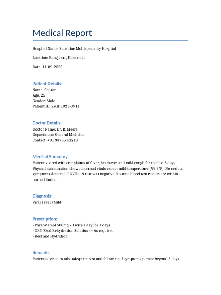 Medical Report: Viral Fever Diagnosis | PDF
