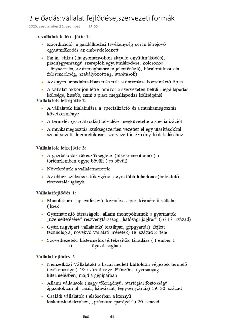 3.előadásvállalat Fejlődése, Szervezeti Formák | PDF