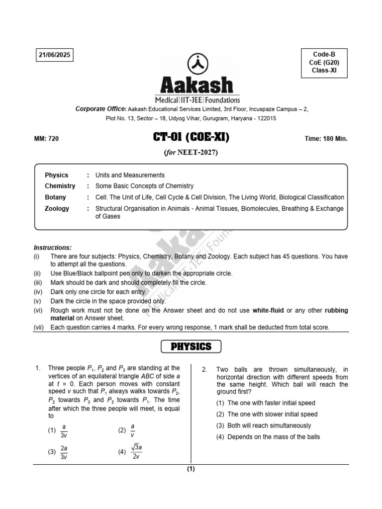 CT-01 - CoE-XI - NEET-2027 (G20) | PDF | Acceleration | Velocity