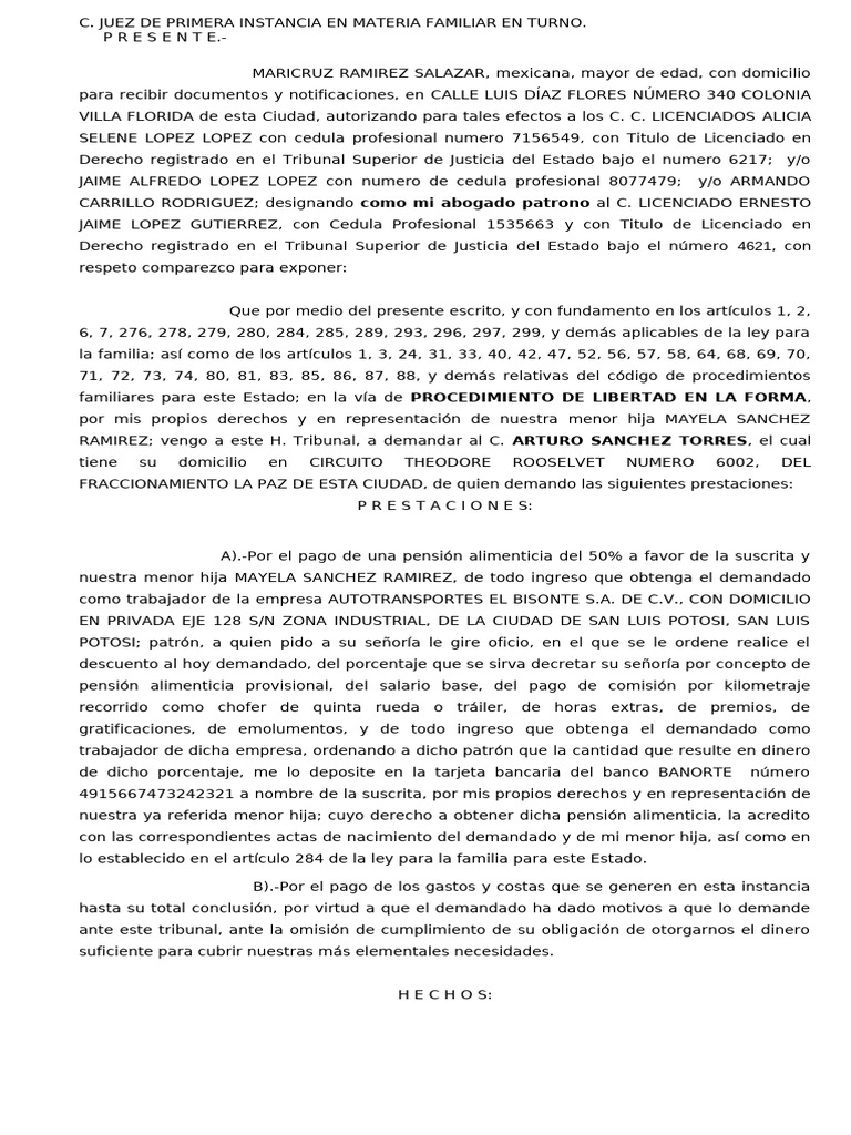 DEMANDA ALIMENTOS MARICRUZ RMZ SALAZAR | PDF | Pensión alimenticia | Pensión