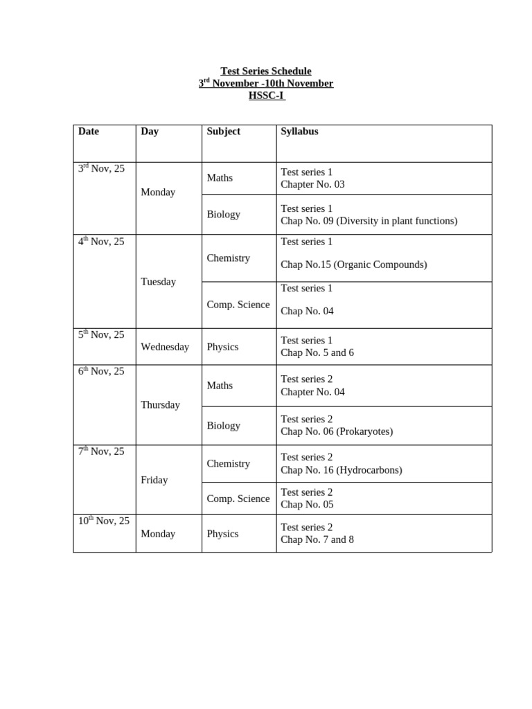 HSSC Test Series Schedule: Nov 2025 | PDF | Life Sciences | Biology