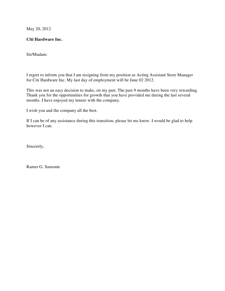 Resignation Letter from Assistant Store Manager | PDF | Business