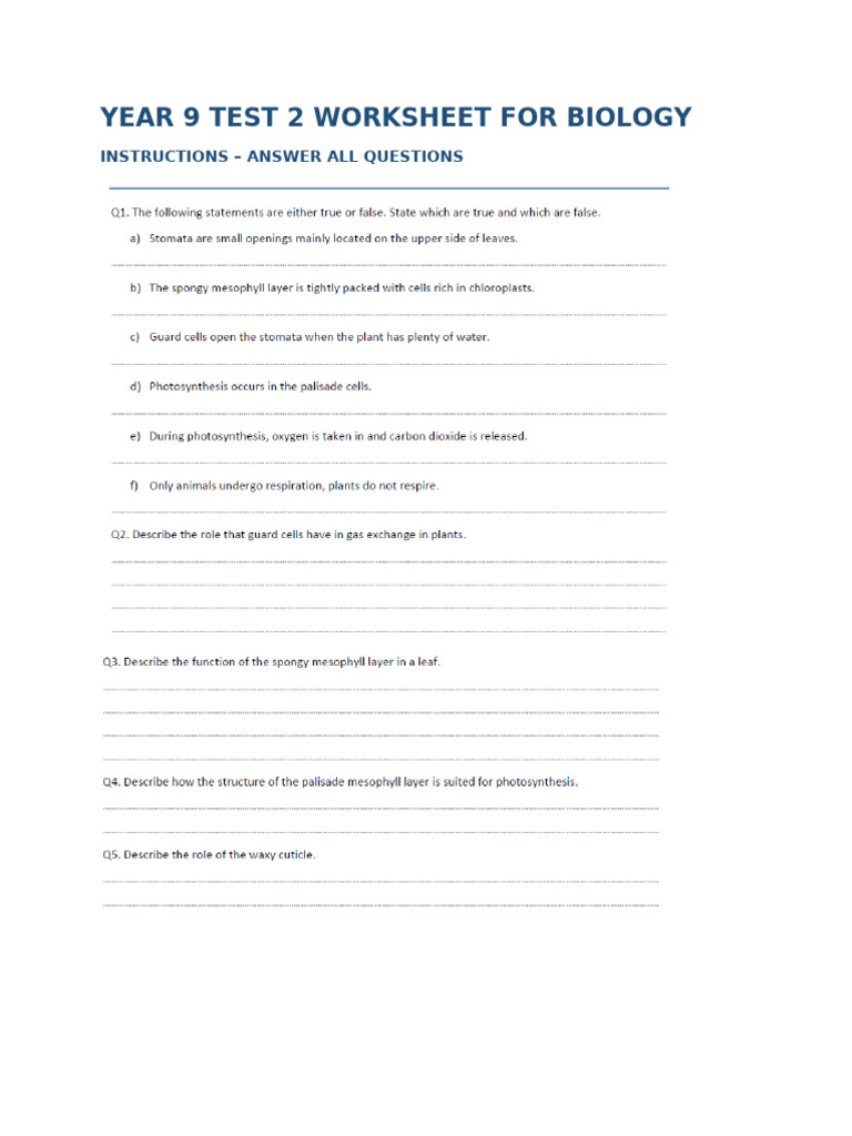 Year 9 Test 2 Worksheet For Biology | PDF