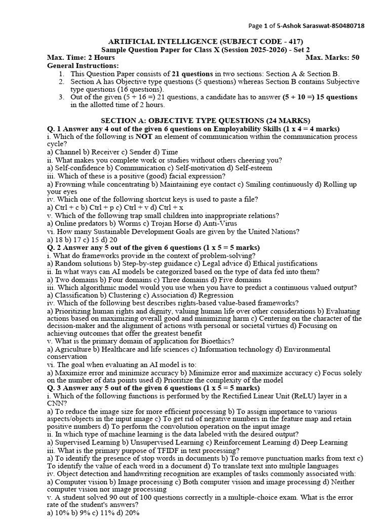 AI Class X Sample Question Paper Set 2 | PDF | Artificial Intelligence ...