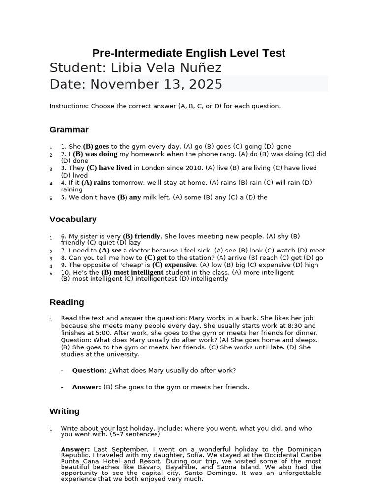 Pre Intermediate English Test | PDF