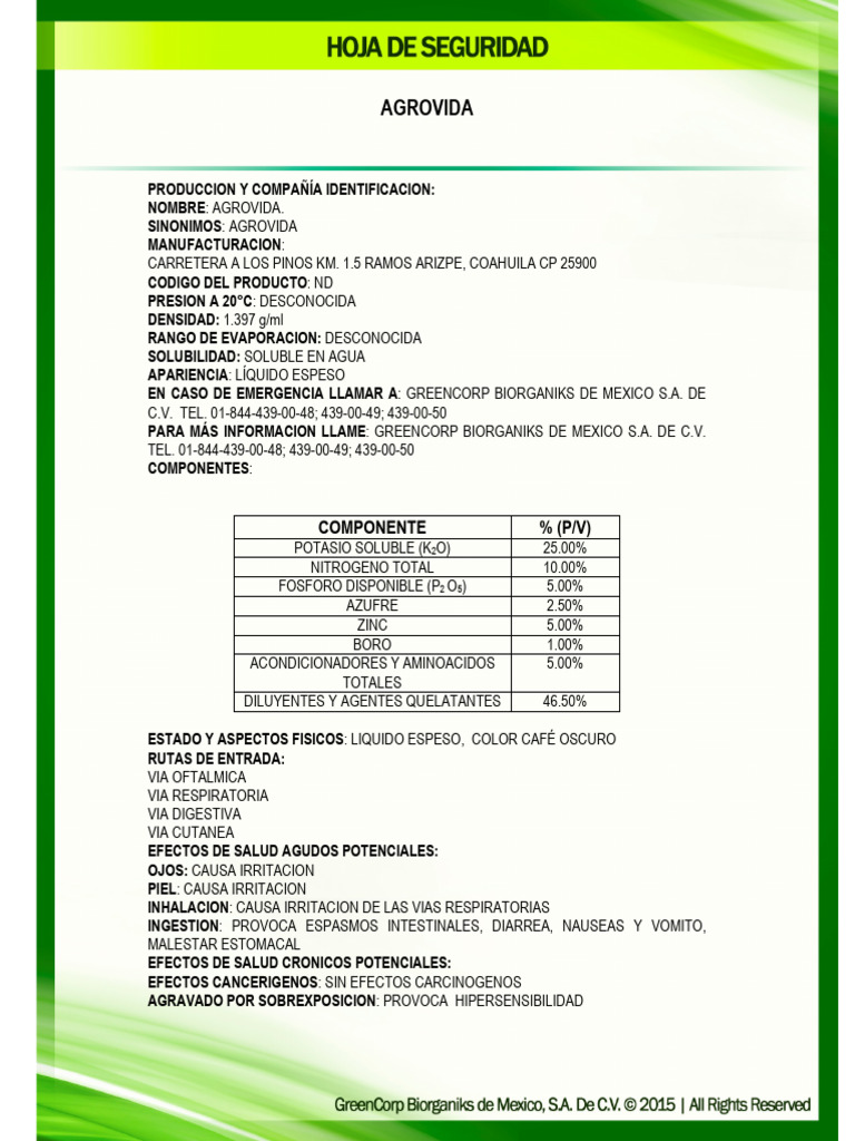 Fertilizante Líquido Agrovida: Composición y Seguridad | PDF | Agua ...