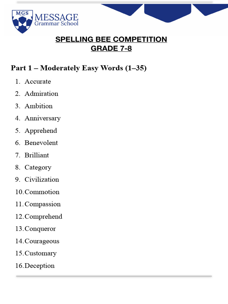 Grade 7-8 Spelling Bee Words List | PDF
