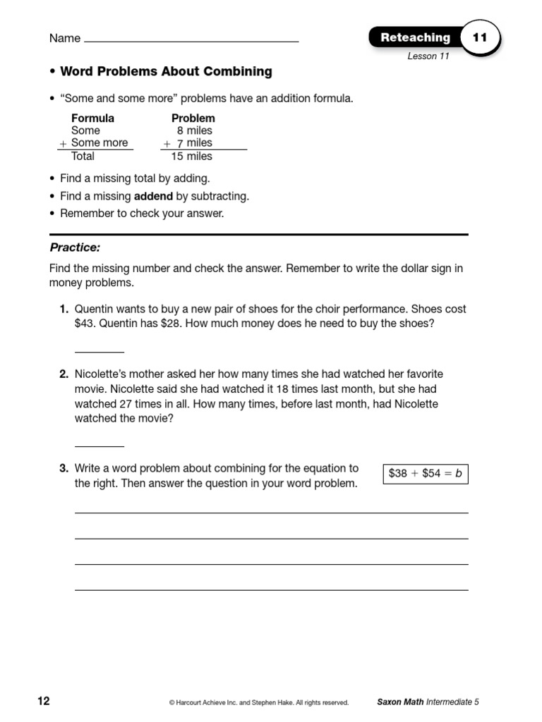 Saxon Intermediate 5 Reteachings Lessons 11-20 | PDF | Multiplication ...