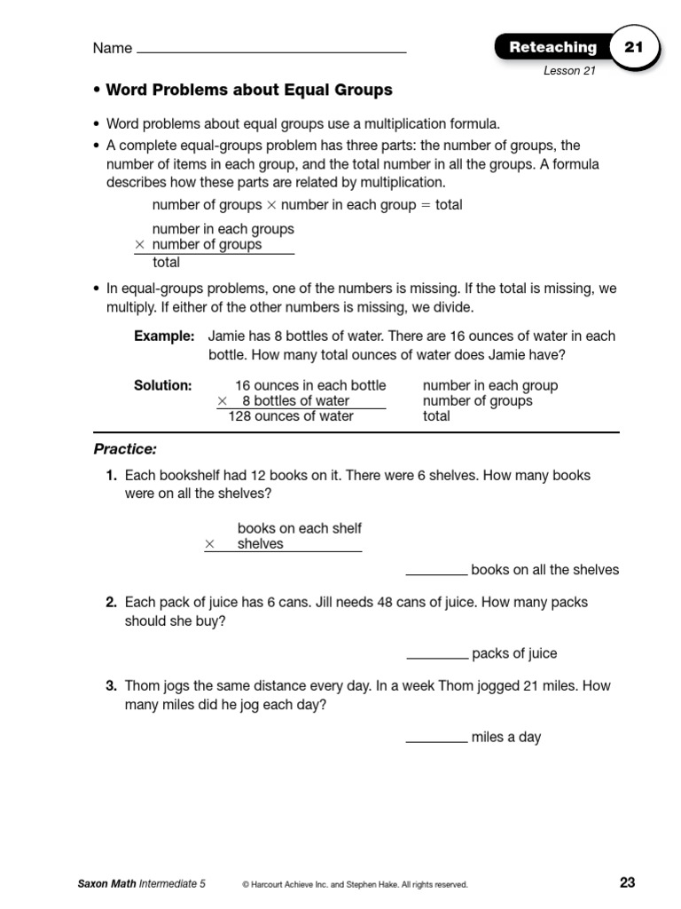 Saxon Intermediate 5 Reteachings Lessons 21-30 | PDF | Multiplication ...