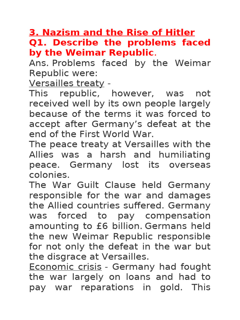 Notes Class 9 Nazism & The Rise of Hitler Notes | PDF | Weimar Republic ...
