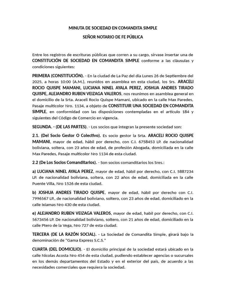 Minuta de Sociedad en Comandita Simple | PDF | Corporaciones | Business