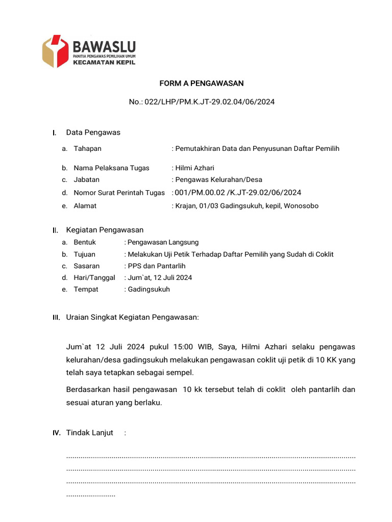 10. FORM a Pengawasan Coklit 12 Juli Gadingsukuh | PDF