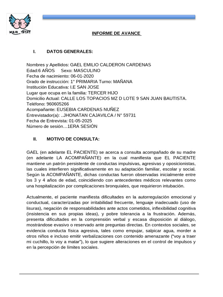 Informe de Avance: Evaluación Infantil | PDF | Desorden hiperactivo y ...