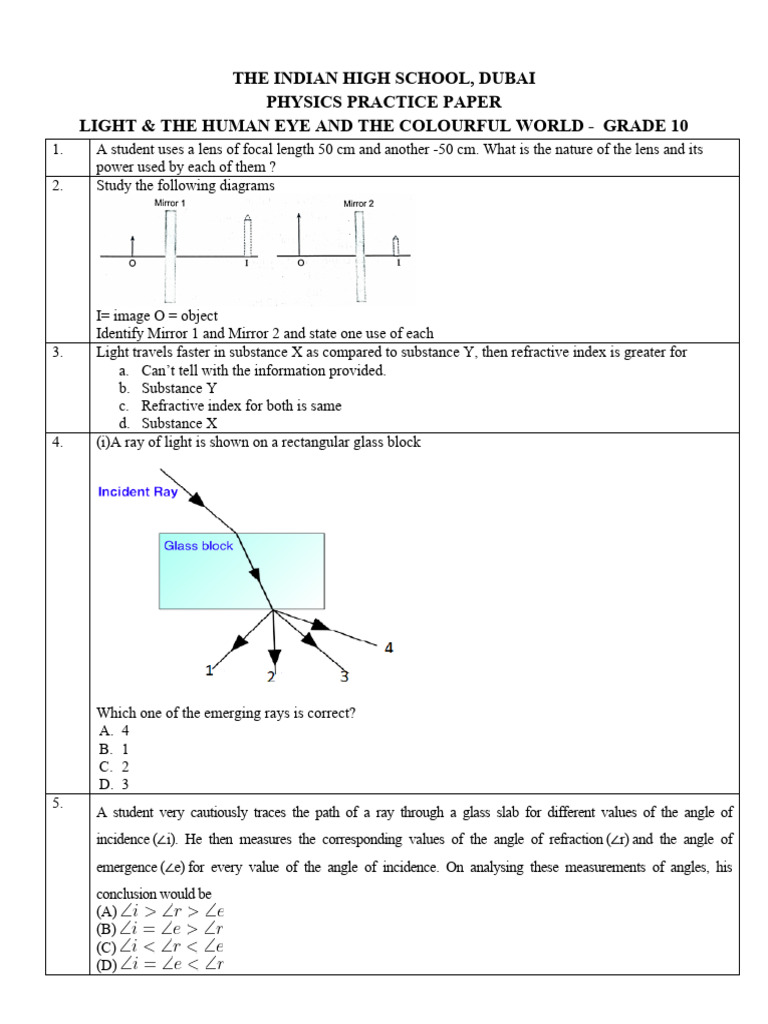 Grade 10 Physics Revision Practise Set-1 | PDF | Mirror | Light
