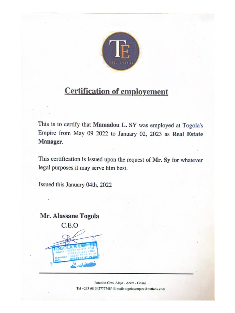 Work Certificate Togola's Empire | PDF