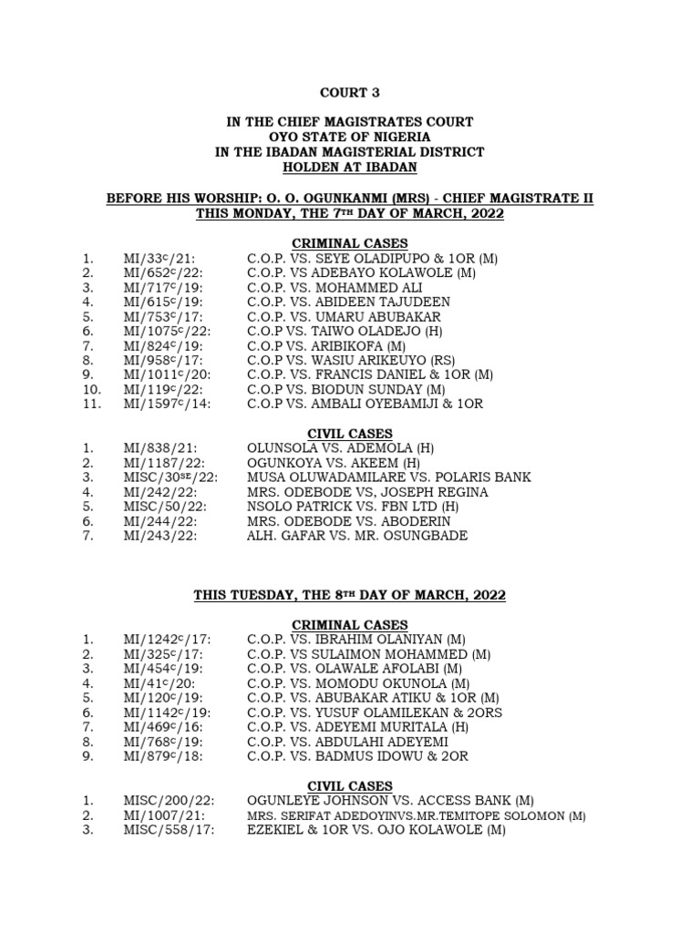 Oyo State Court Case Listings March 2022 | PDF