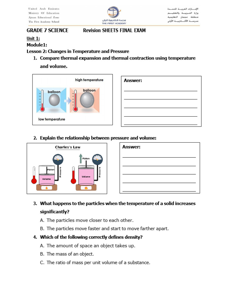 Grade 7 Revision Sheets Final Exam-1 | PDF | Density | Mass