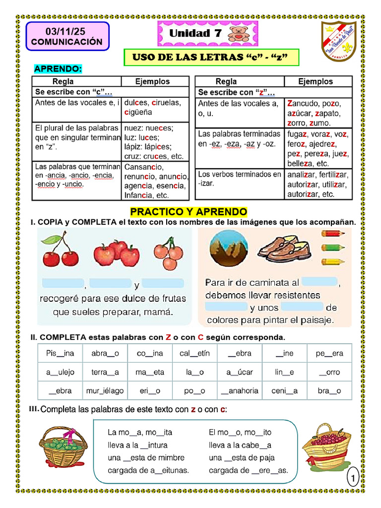 Ficha Uso Letras c z Comun u 7 Silvia 2025 | PDF