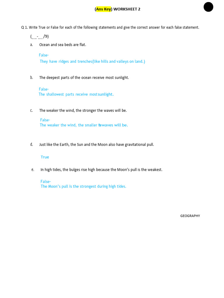 Ocean Waves and Tides Worksheet Answers | PDF | Oceans | Tide