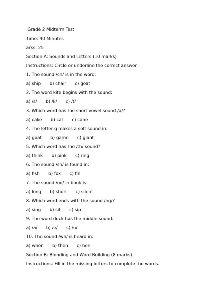 Grade 2 Midterm Test: Sounds & Letters | PDF