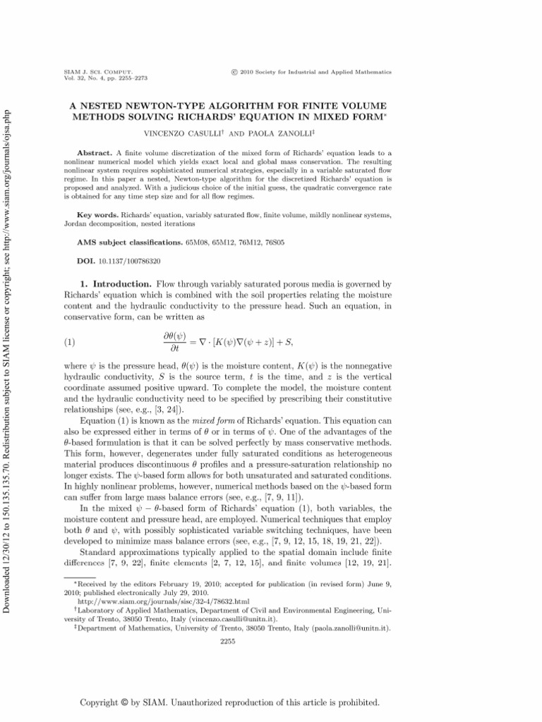 A Nested Newton-Type Algorithm For Finite Volume Methods Solving ...